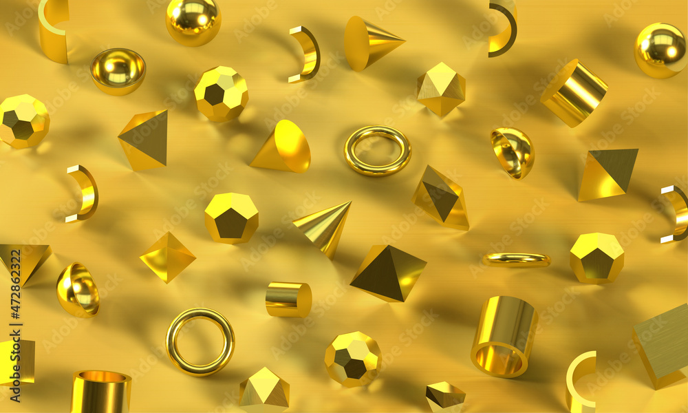 Golden geometric shapes on gold colored background. Spheres, squares ...