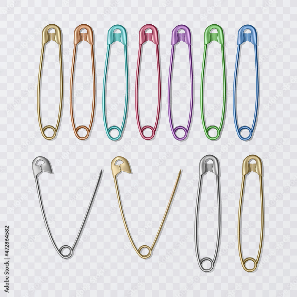 Set of Realistic safety pins for clothes, safety pins of rainbow colors ...