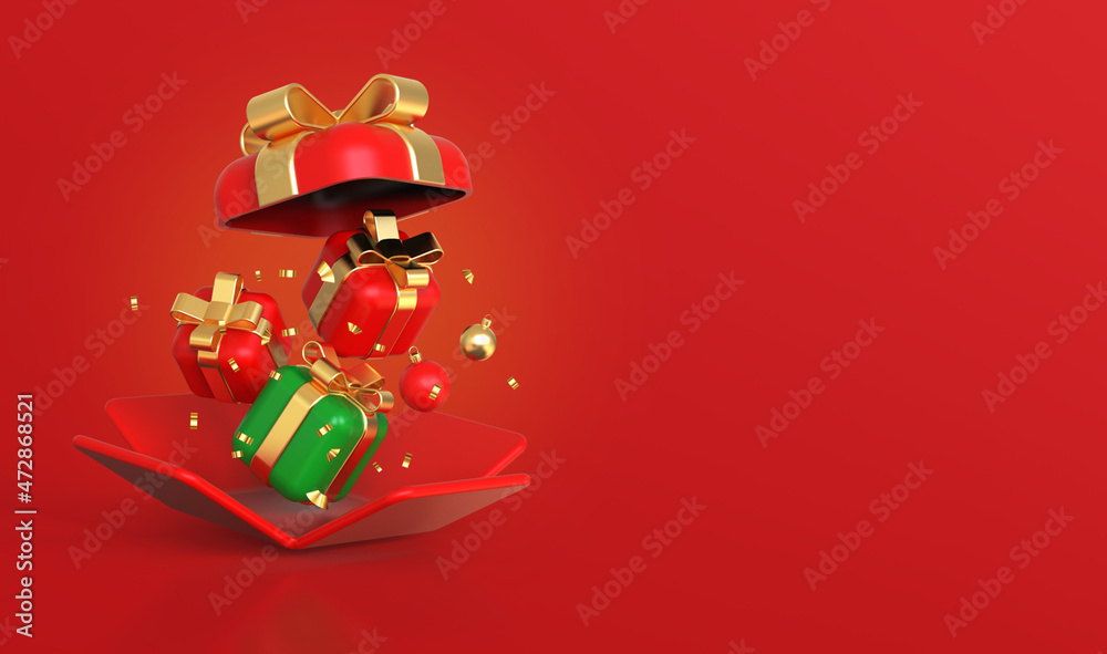 Christmas 3D abstract illustration with open gift burst explosion and ...