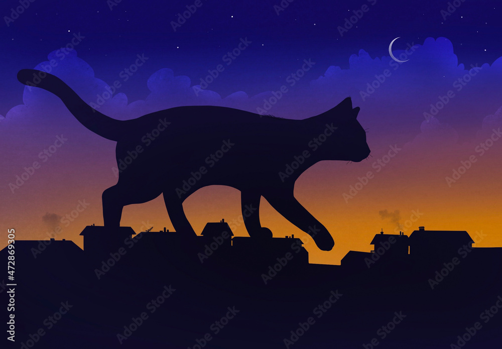 Surreal big cat silhouette walking on city roofs Stock Illustration ...
