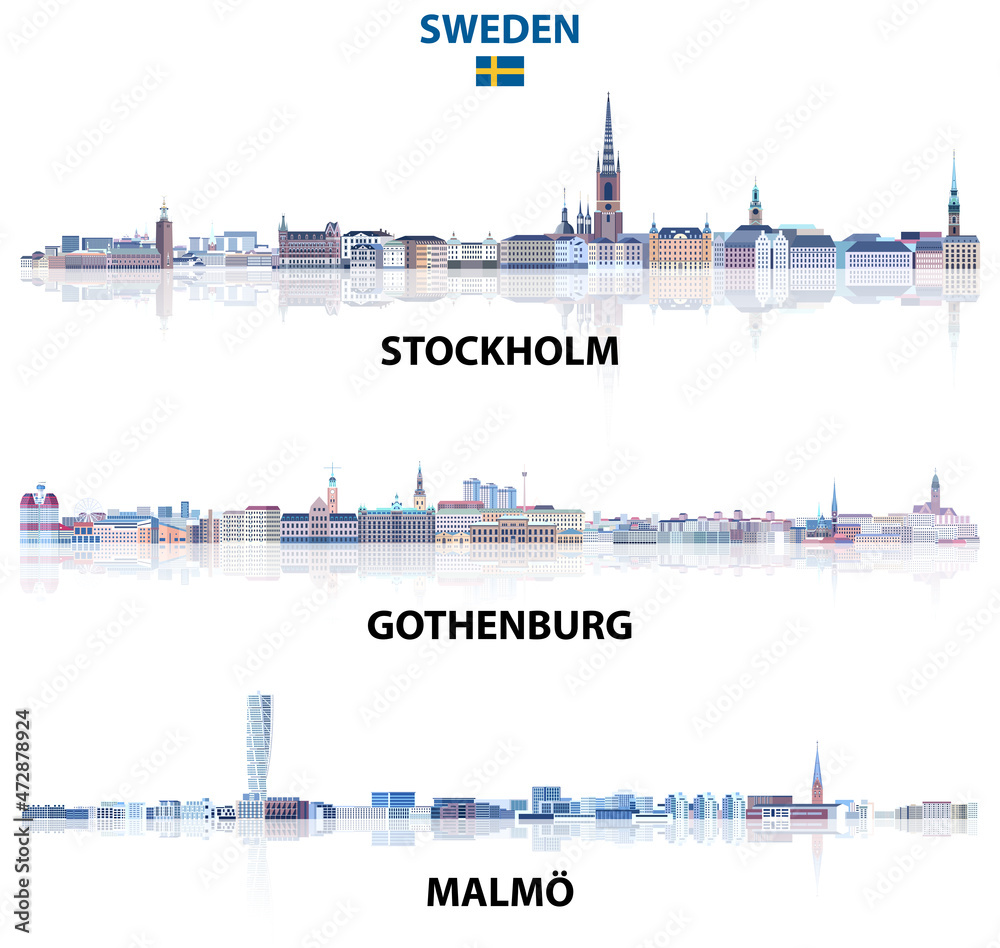 Póster Sweden main cities skylines in tints of blue color palette ...