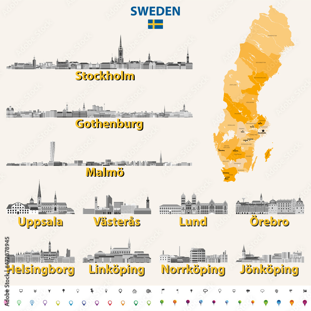 Swedish skylines in grayscale color palette. Flag and map of Sweden ...