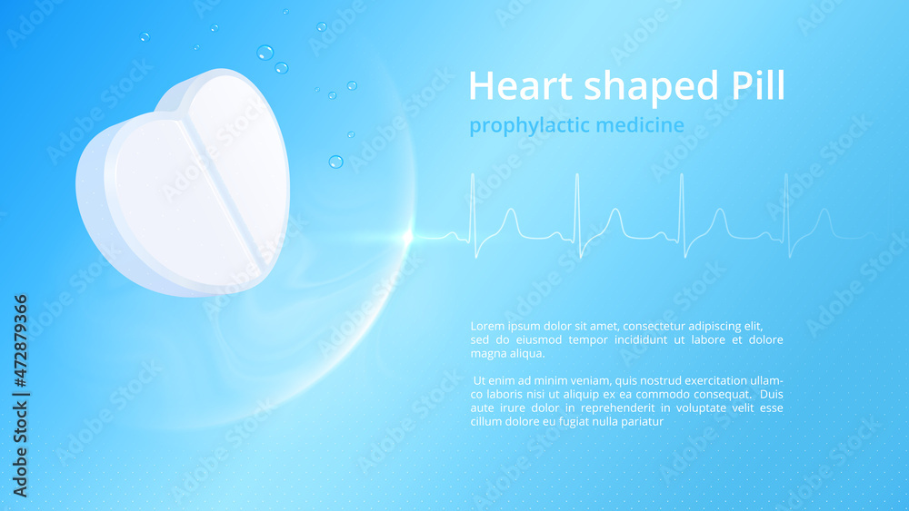 Vector layout of medical design with a heart-shaped pill and cardiogram ...