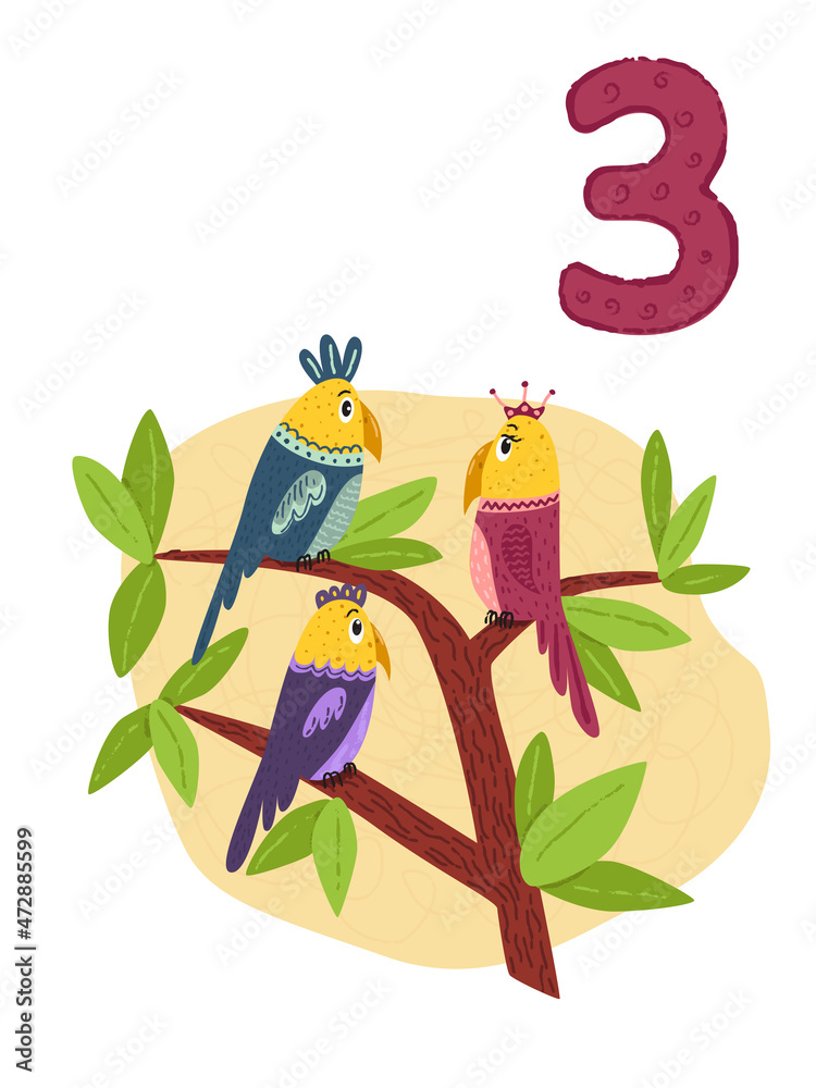 Counting from 1 to 10. Number 3, page with colorful illustration. Birds ...