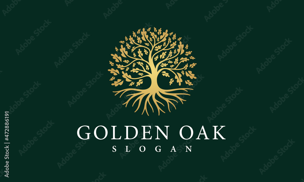 Natural Golden Oak Tree Logo Vector Nature Roots Growth Logo Design ...
