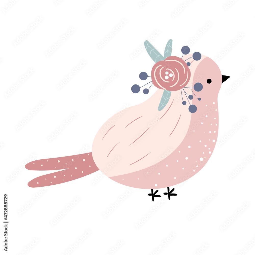 Illustration of a cute pink bird, robin with flowers in cartoon style ...