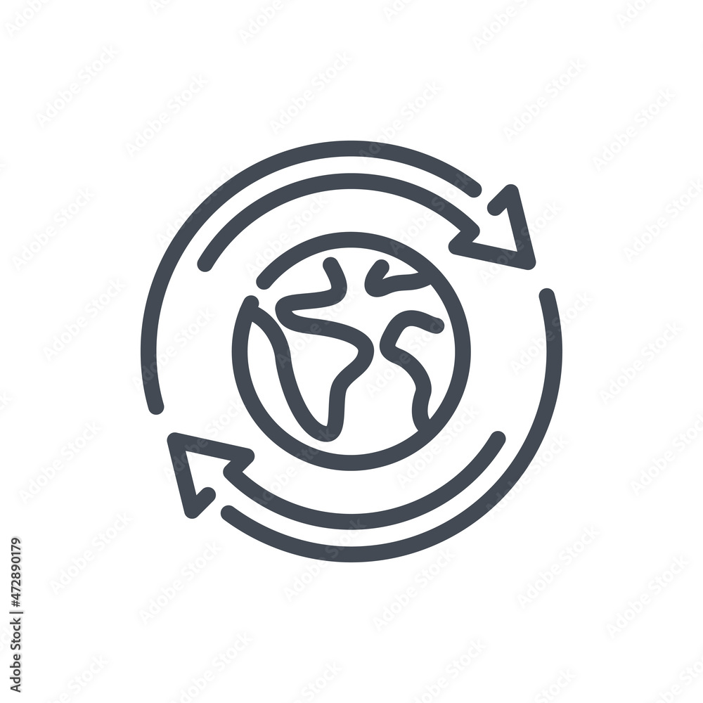 Planet Earth with rotating arrows line icon. Globe and planet rotation ...