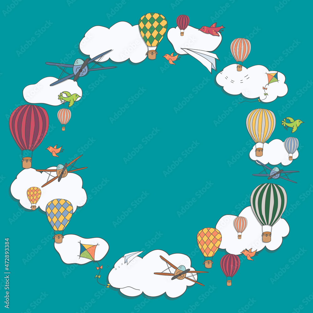 Square banner with hot air baloons, planes and clouds. Bright vector ...