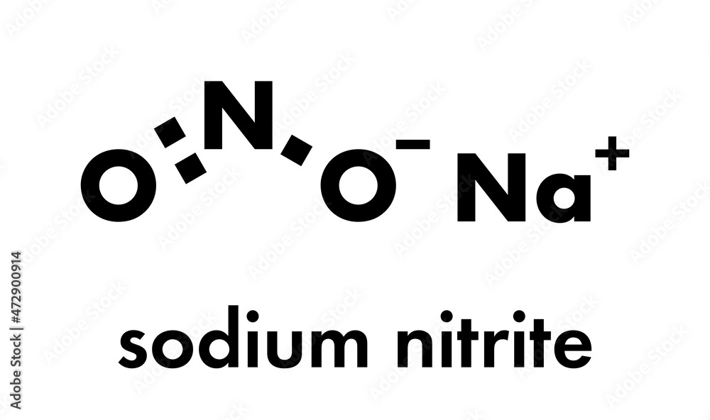 Sodium nitrite, chemical structure. Used in the curing of meat ...