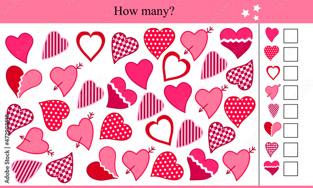 How many hearts? Educational game for children. Vector illustration ...