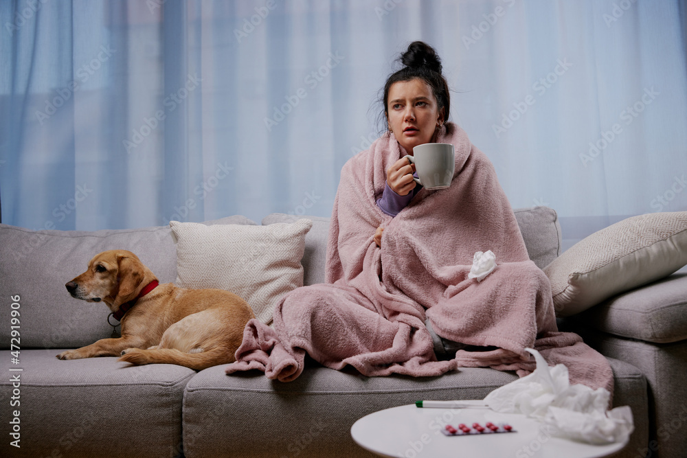 Young sick woman lying on sofa with her small dog and drinking hot tea ...