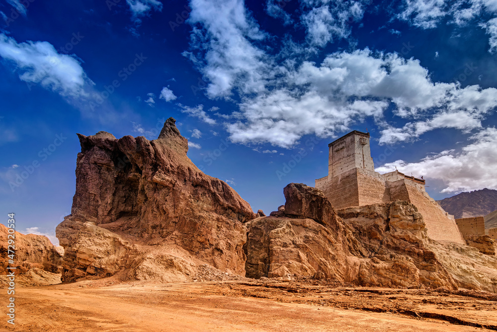 Ruins and Basgo Monastery surrounded with stones and rocks , Blue sky ... Ruins and Basgo Monastery surrounded with stones and rocks , Blue sky ...