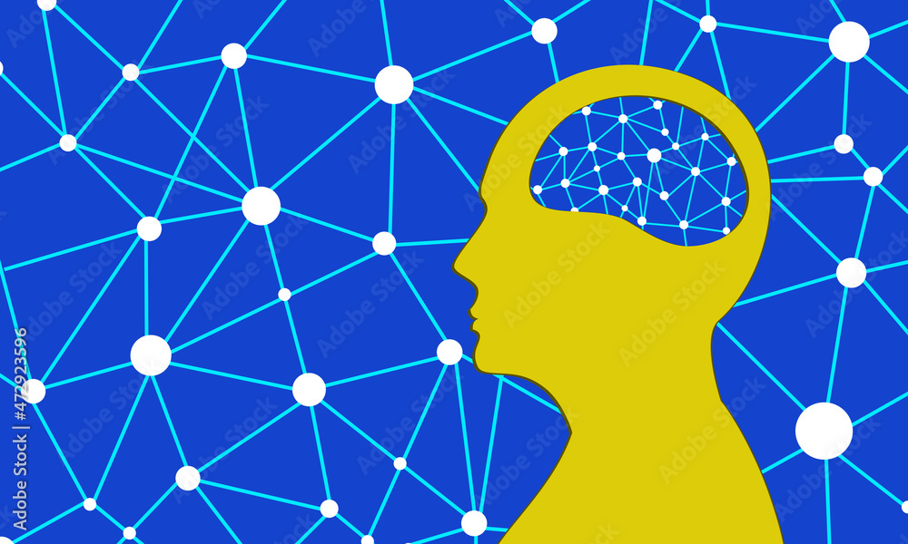 Human Head with Geometric brain made of connected dot and line in blue ...