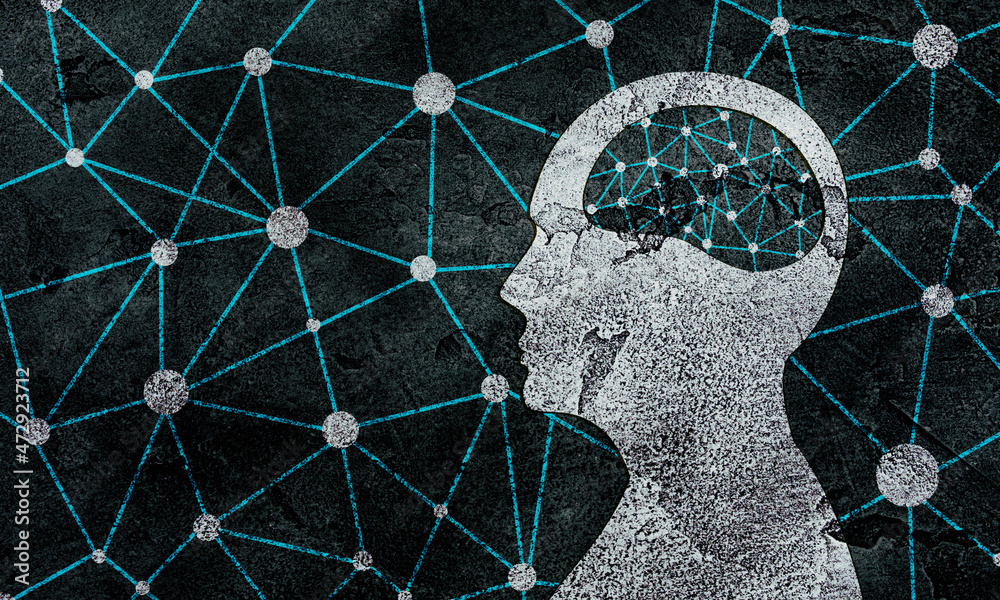 Human Head with connected dot and line brain in concrete grungy wall ...