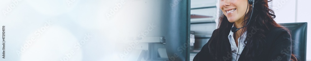 Call center or customer support agent in broaden view panoramic banner ...