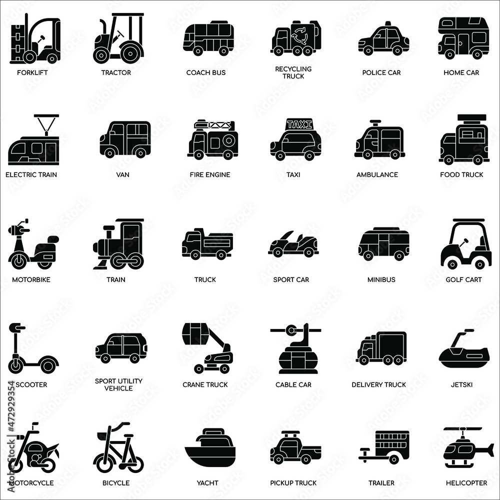 Black and white Transport vehicles flat vector icon collection set ...
