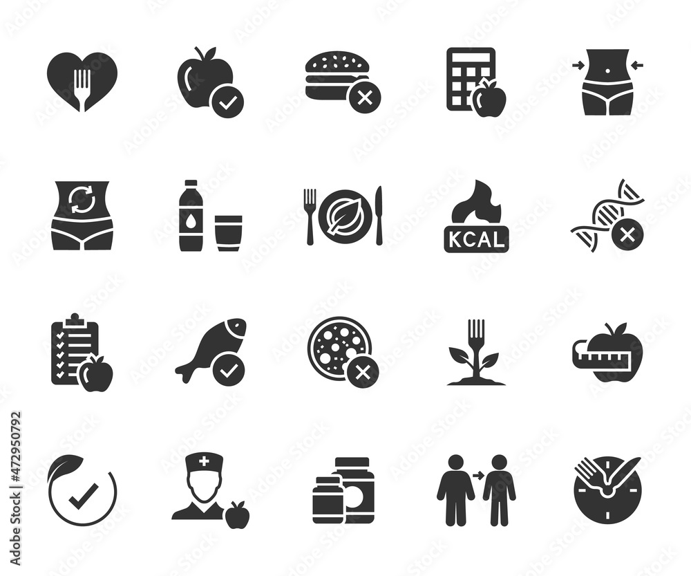 Vector set of healthy eating flat icons. Contains icons nutrition plan ...