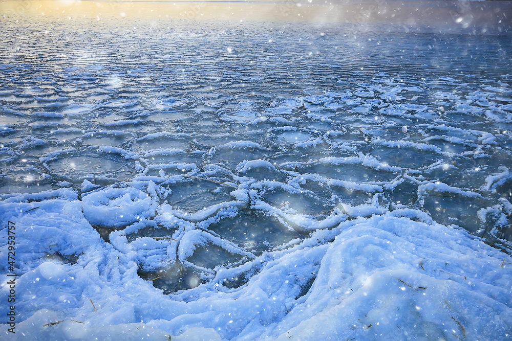 freezing sea ice round pieces, ocean background winter climate coast ...