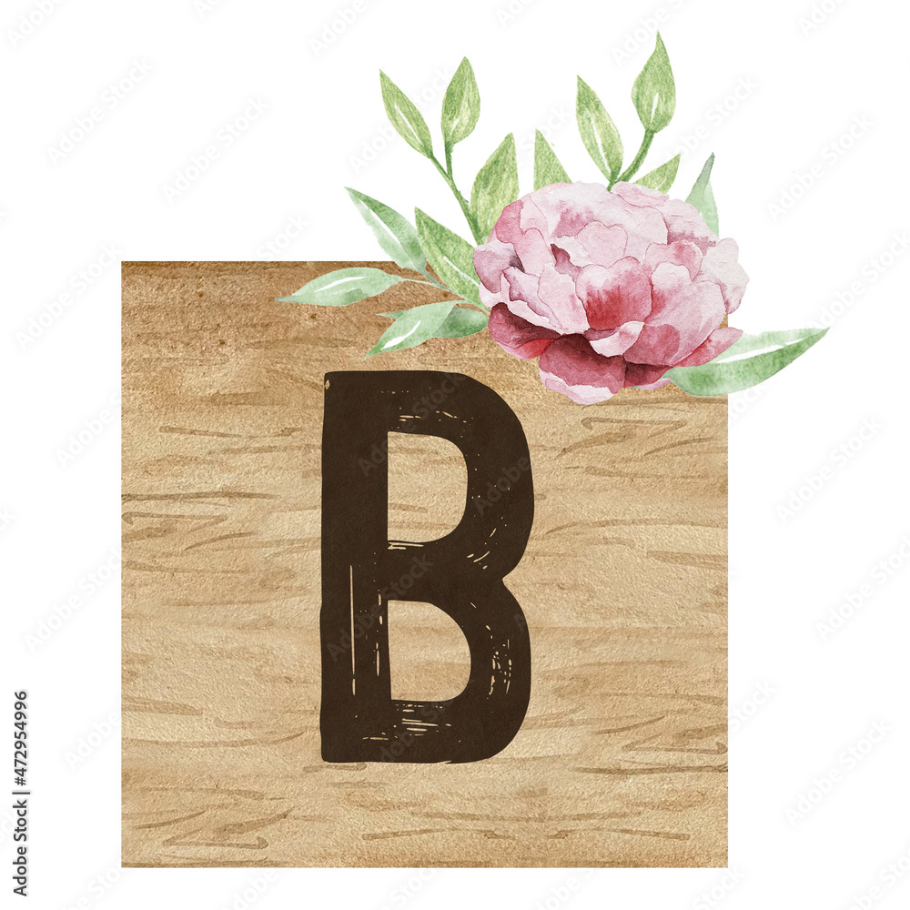 Watercolor wooden tile with capital letter B and flowers. Floral ABC ...