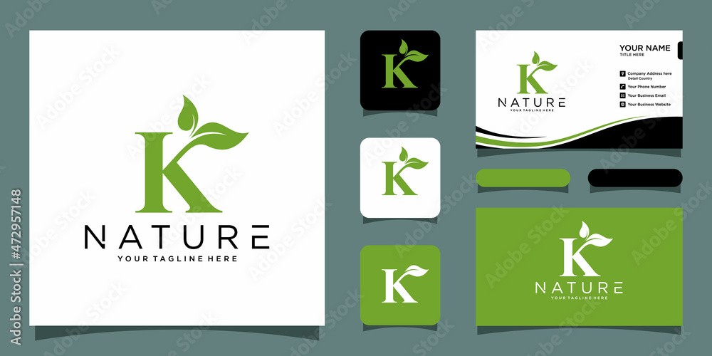 K letter logo design with a combination of leaves with business card ...