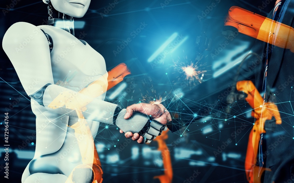 Mechanized industry robot and human worker working together in future ...