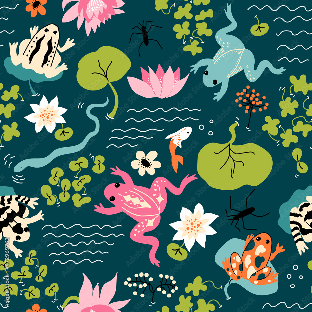 Frog Pattern. Vector background with snake, water striders, leaves ...
