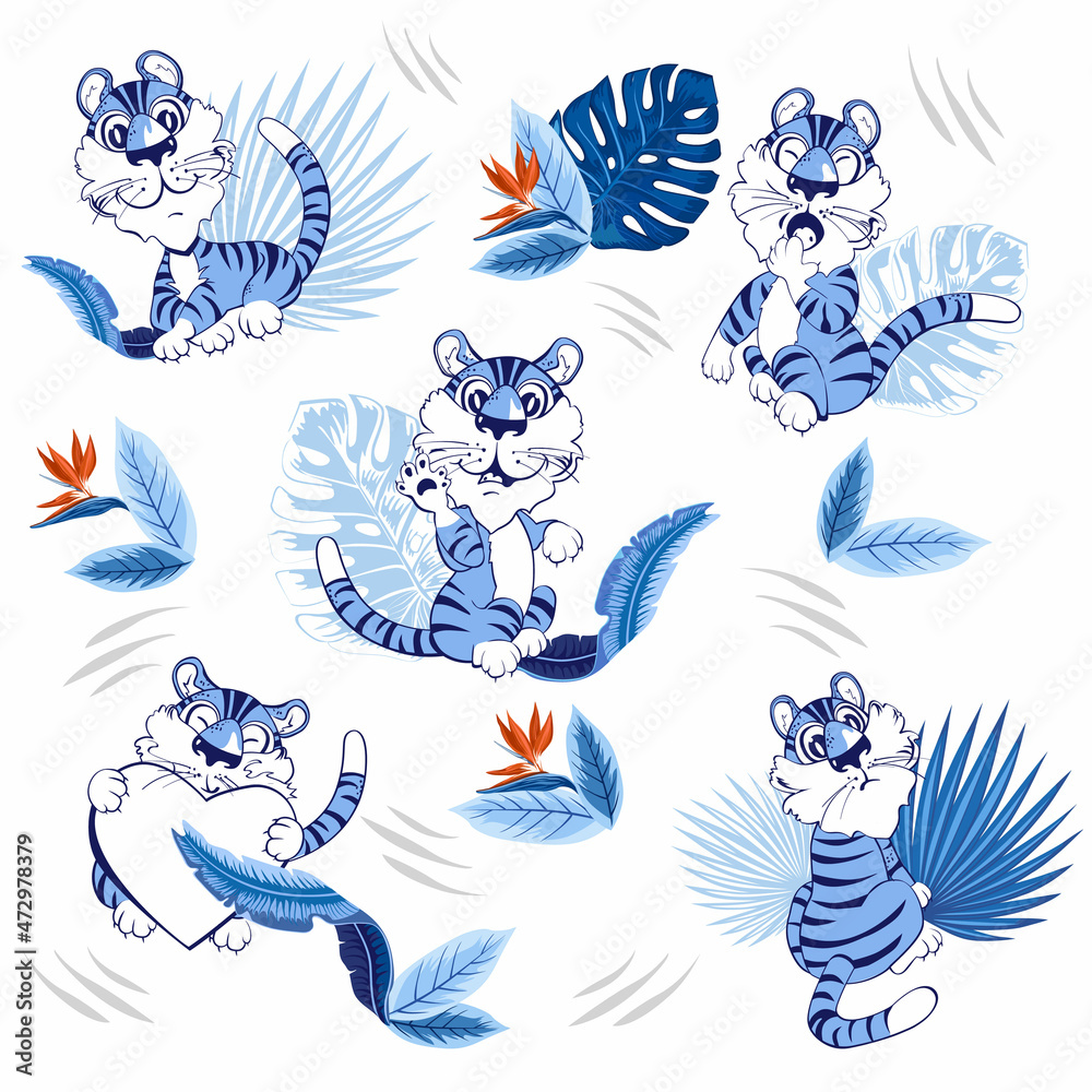 Seamless pattern with cute blue tiger cub, cute tiger cub in different ...