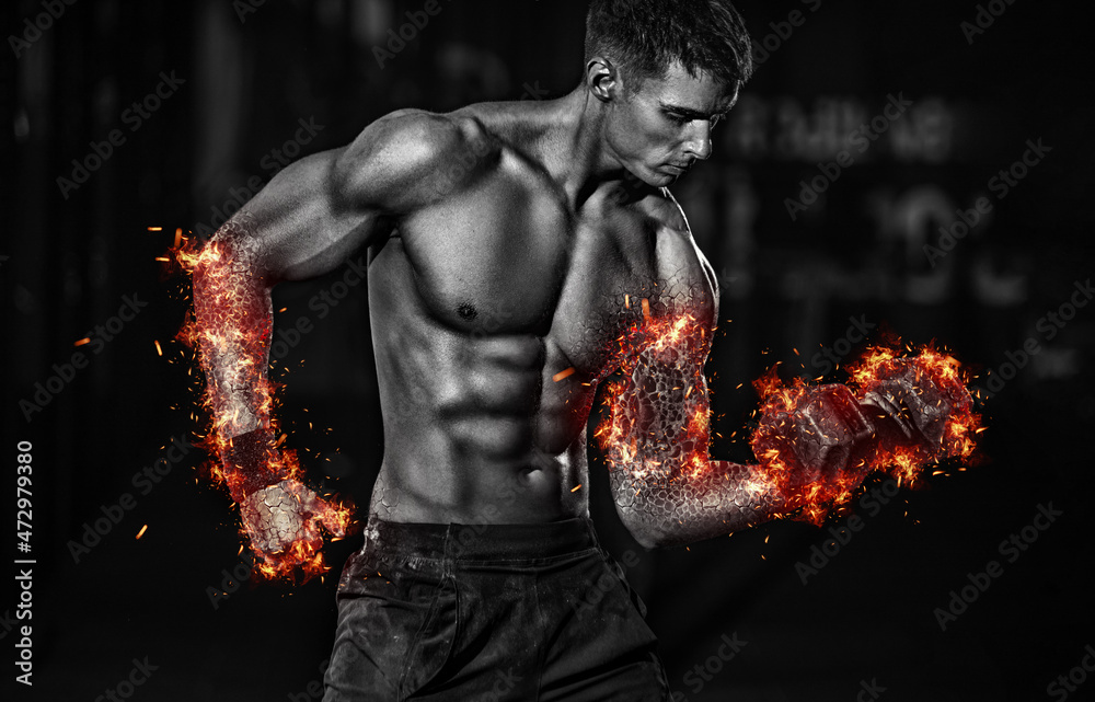 Bodybuilding concept. Brutal strong muscular bodybuilder athletic man ...