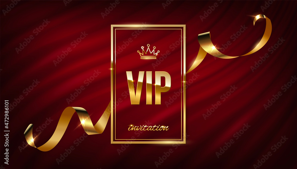 Vip golden frame invitation with wavy silk ribbon on curtain fabric, 3d ...