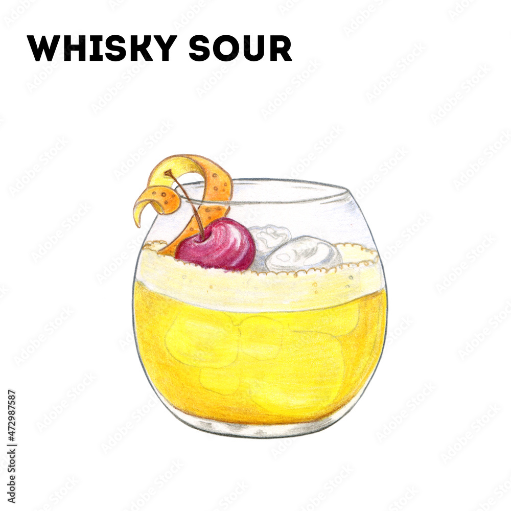 Whiskey sour cocktail illustration. Alcoholic cocktail hand drawn ...