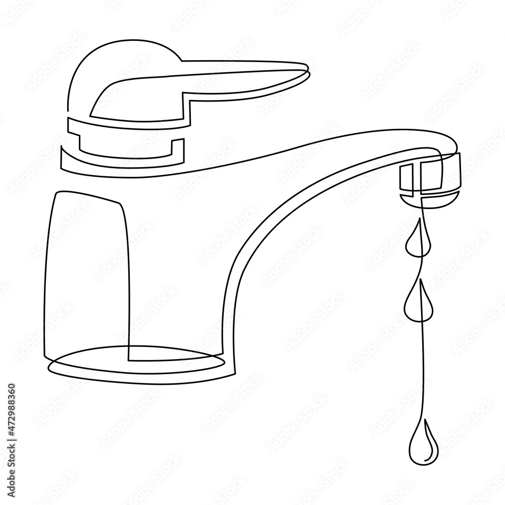 Water tap with dripping water. Plumbing. Continuous line drawing ...