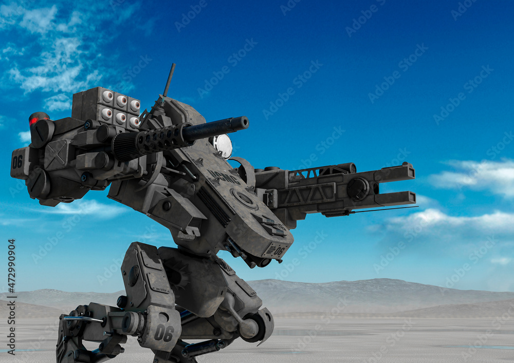 combat mech in brace fire pose on desert after rain close up view Stock ...