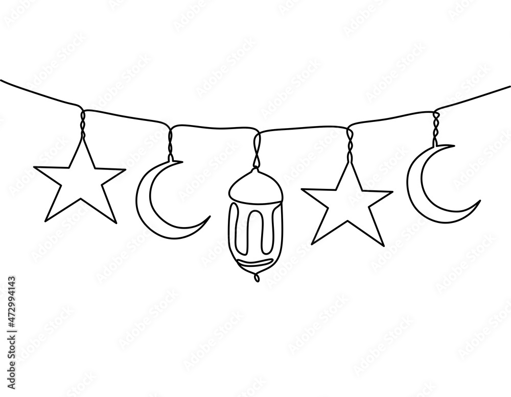 Continuous line drawing of ramadan kareem, with lantern moon star ...