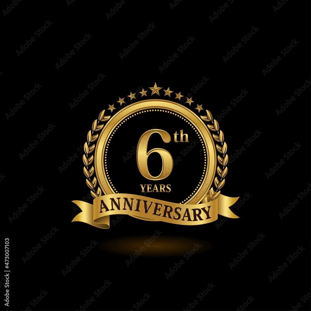 6th golden anniversary logo with ring and ribbon, laurel wreath vector ...