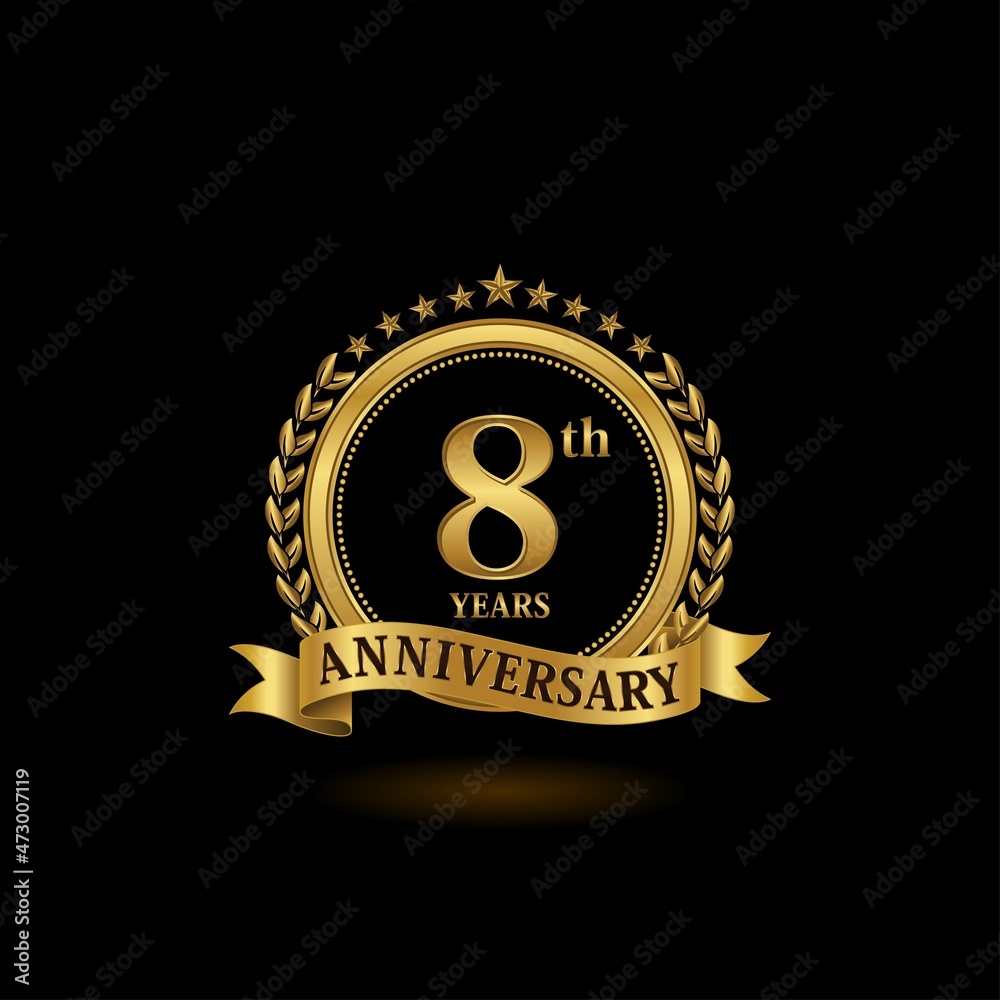 8th golden anniversary logo with ring and ribbon, laurel wreath vector ...