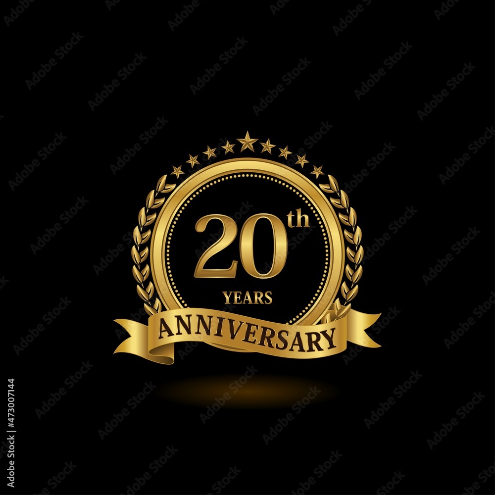 20th golden anniversary logo with ring and ribbon, laurel wreath vector ...