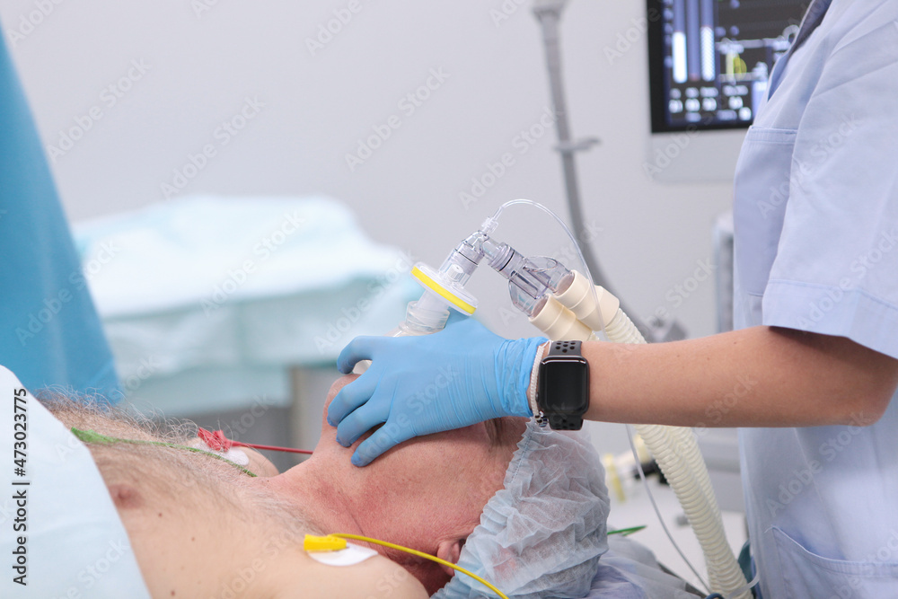 Installation of a breathing tube during anesthesia. Medical equipment ...
