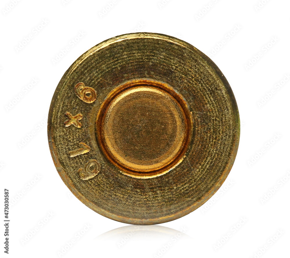 Primer, centerfire cartridge, macro bullet cap, 9mm pistol isolated on ...