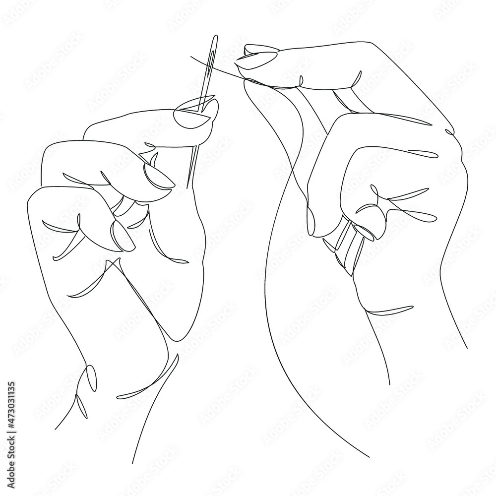 Silhouettes of hands of a man, threading into the eye of a needle in a ...