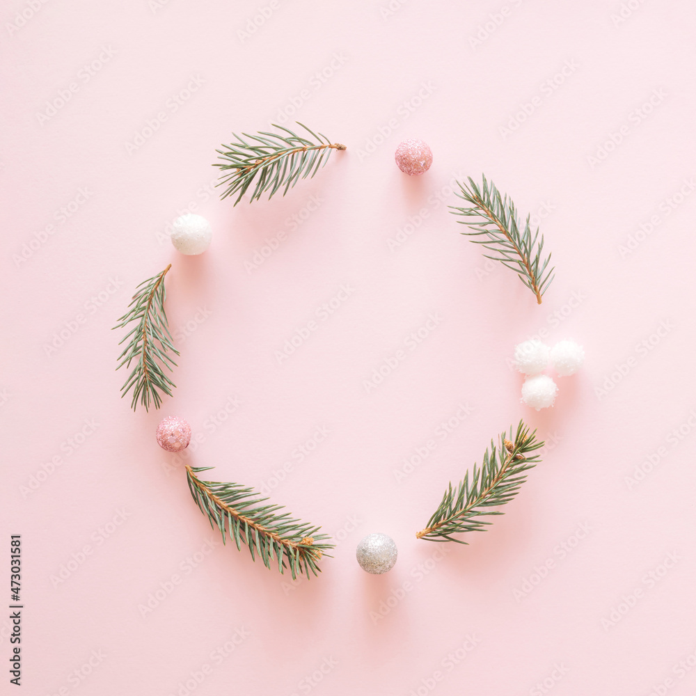 Christmas frame made of christmas items. Pink aesthetic background ...