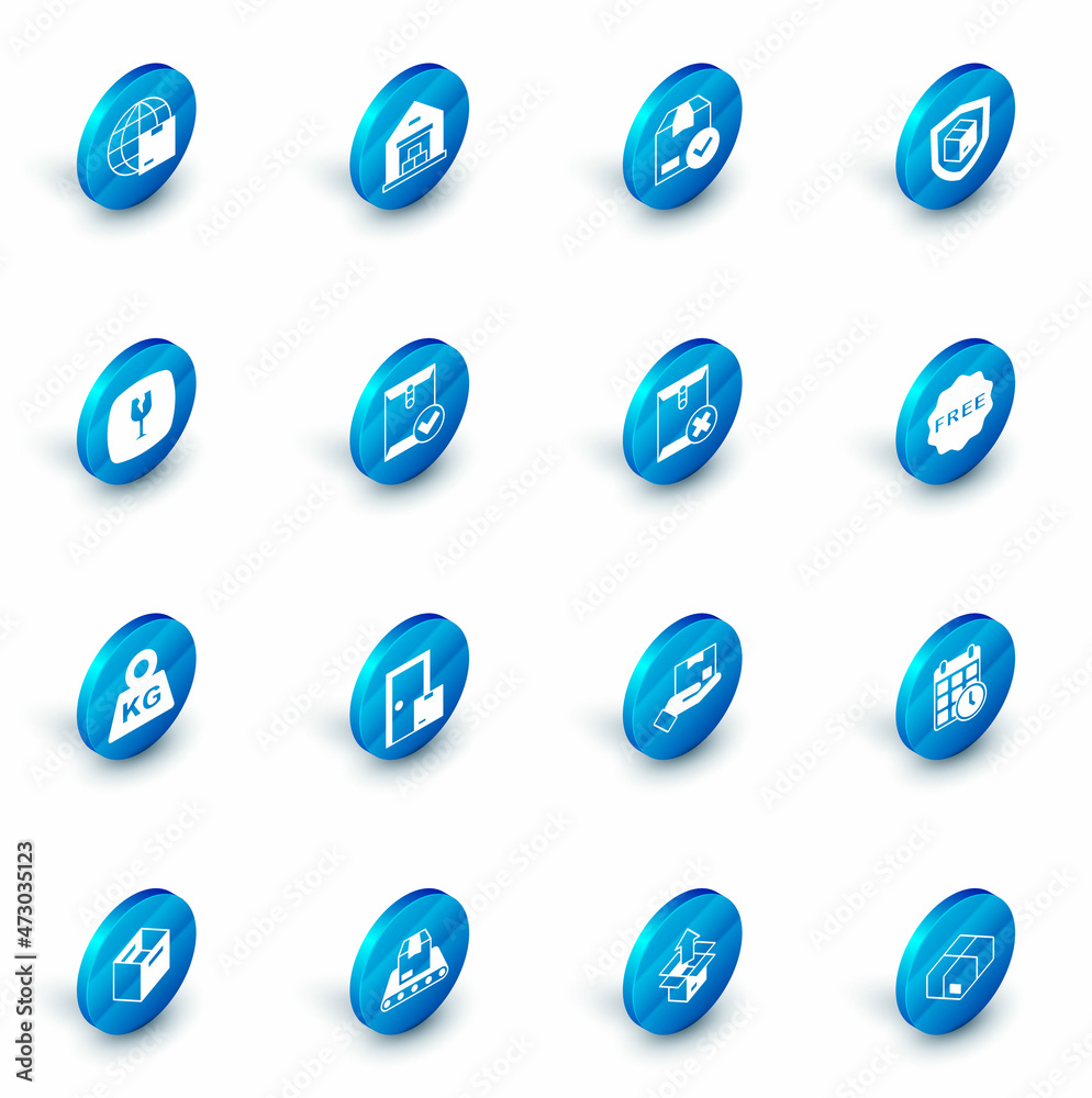 Set Warehouse, ackage box with check mark, Delivery security shield, Fragile broken glass ...