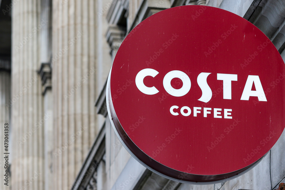 Sign outside Costa Coffee cafe in Dublin, Ireland. Logo signage for ...