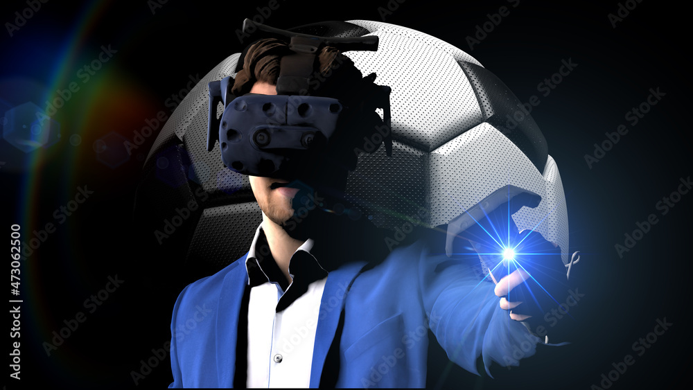 White-black soccer ball and businessman in elegant blue suit with VR ...