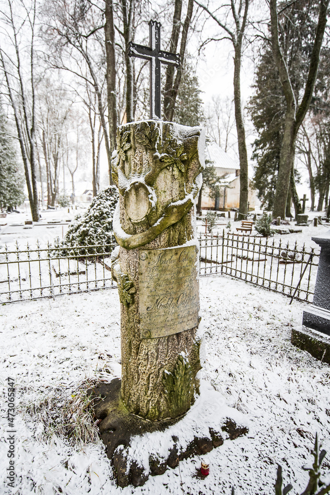 Tombstone with a cross, a snake biting its tail and an oak tree ...