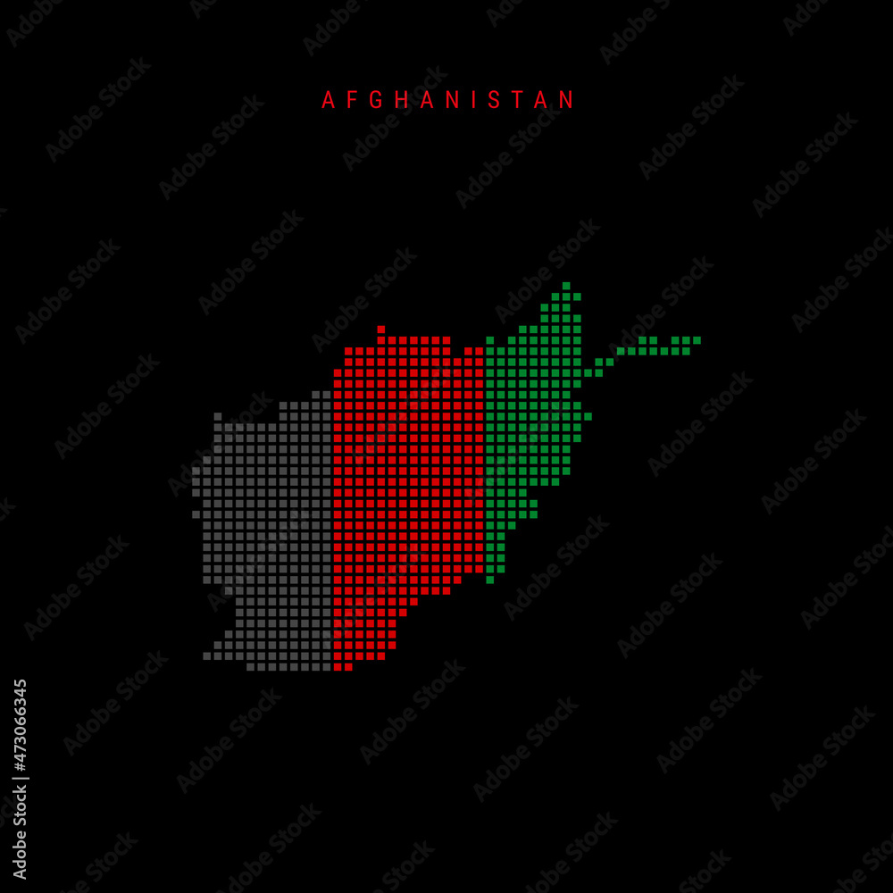 Square dots pattern map of Afghanistan. Afghan dotted pixel map with national flag colors ...