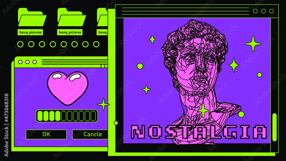 Retro computer interface with many open tabs and window boxes and 3D ...