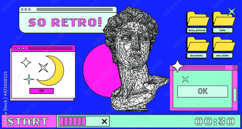 Retro computer interface with many open tabs and window boxes and 3D ...