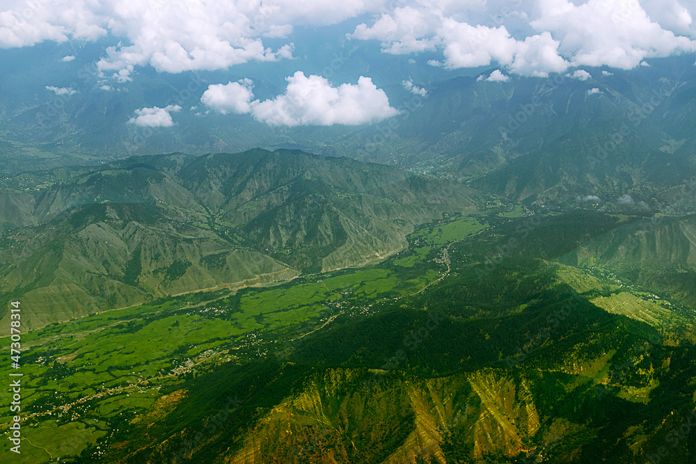 Aerial view of Leh Ladakh, green landscape with mountain peaks and ...