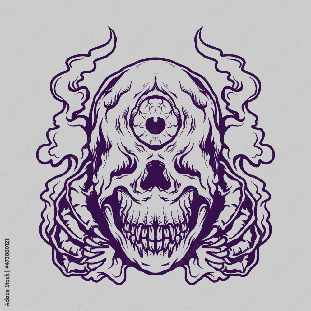 tattoo and t shirt design black and white hand drawn cyclops skull ...