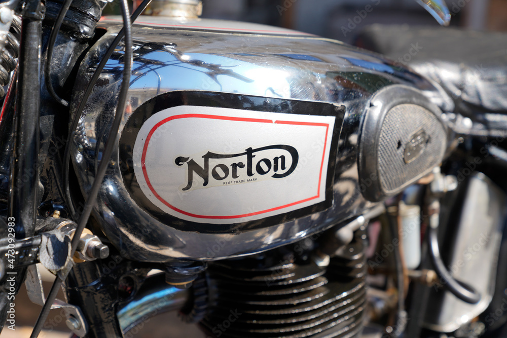 Norton motorcycle brand logo and sign text on chrome tank fuel of ...